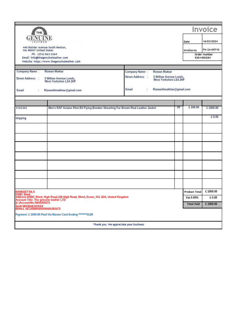 Invoice for Leather Jacket Purchase | PDF | Payments