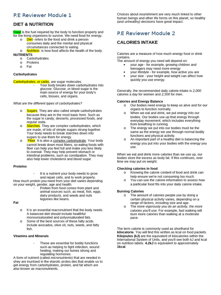 P.E Reviewer Module 1&2 | PDF | Food Energy | Carbohydrates