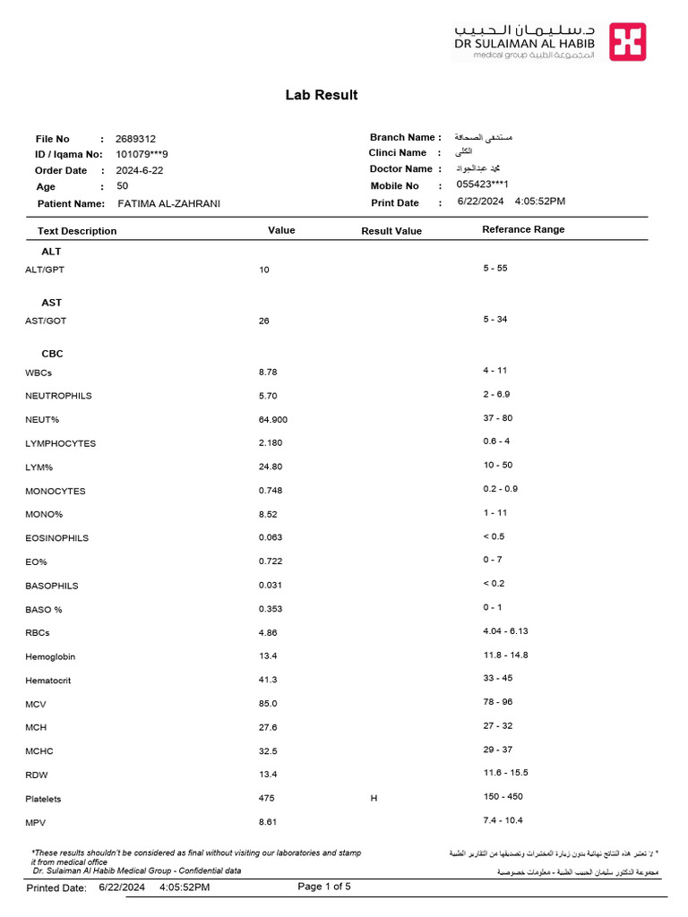 Lab Result: Branch Name: Doctor Name: ID / Iqama No: File No: Clinci ...