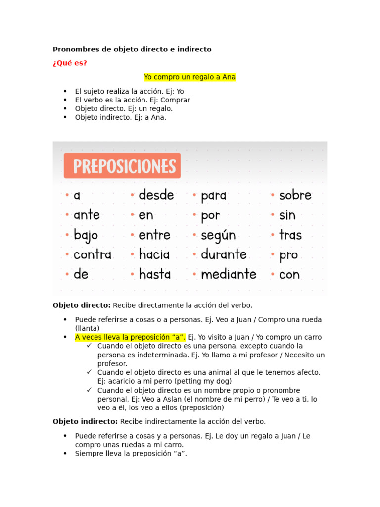 Pronombres de Objeto Directo e Indirecto | PDF | Verbo | Objeto (gramática)