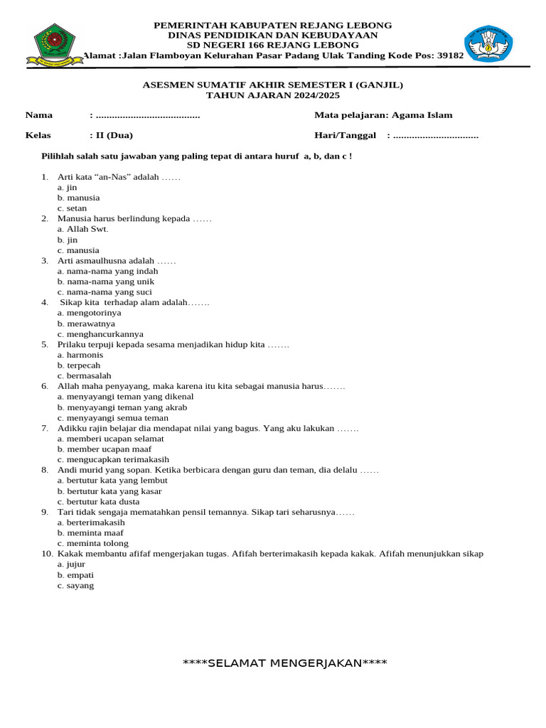 Soal Agama Kelas 2 Semester 1 | PDF