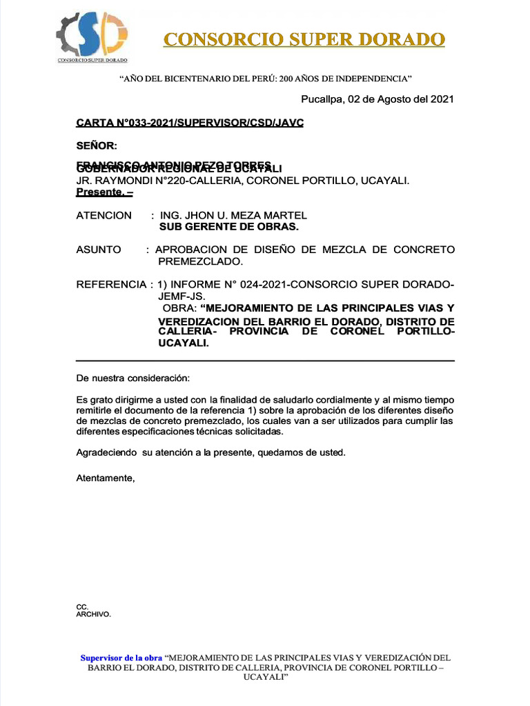 PDF Carta 33 CSD 24 Jemf Aprobacion de Diseo de Mezcla de Concreto ... PDF Carta 33 CSD 24 Jemf Aprobacion de Diseo de Mezcla de Concreto ...
