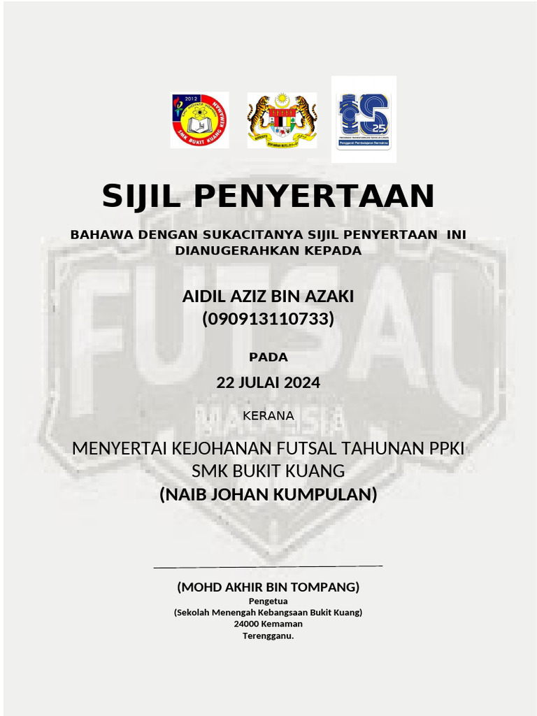 Sijil Penyertaan Futsal | PDF