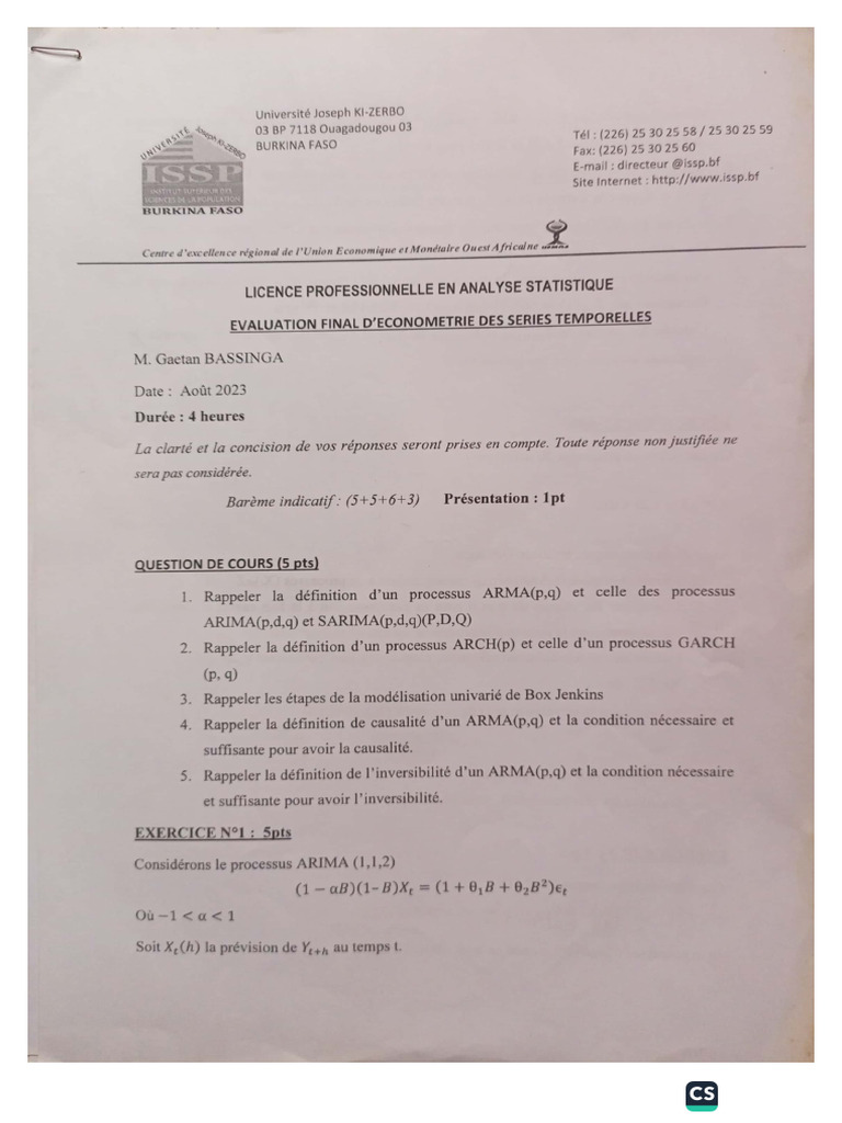 Ancien Devoir - Séries - Temporelles - LPAS2 | PDF