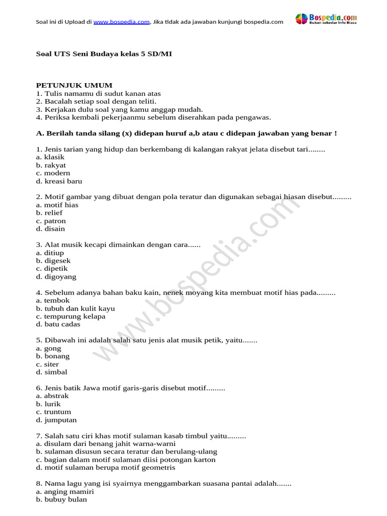 35+ Contoh Soal UTS Seni Budaya Kelas 5 SD MI Dan Kunci Jawaban | PDF