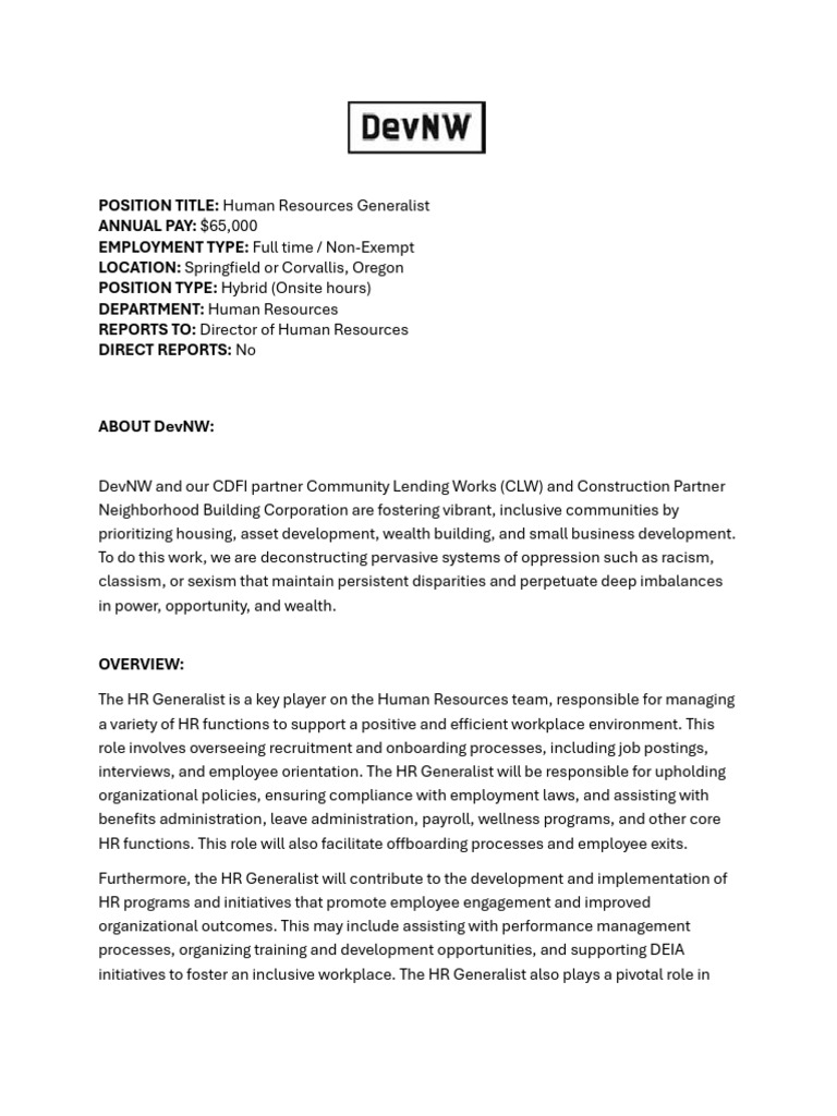 HR Generalist Job Description PDF | PDF | Human Resources | Employment