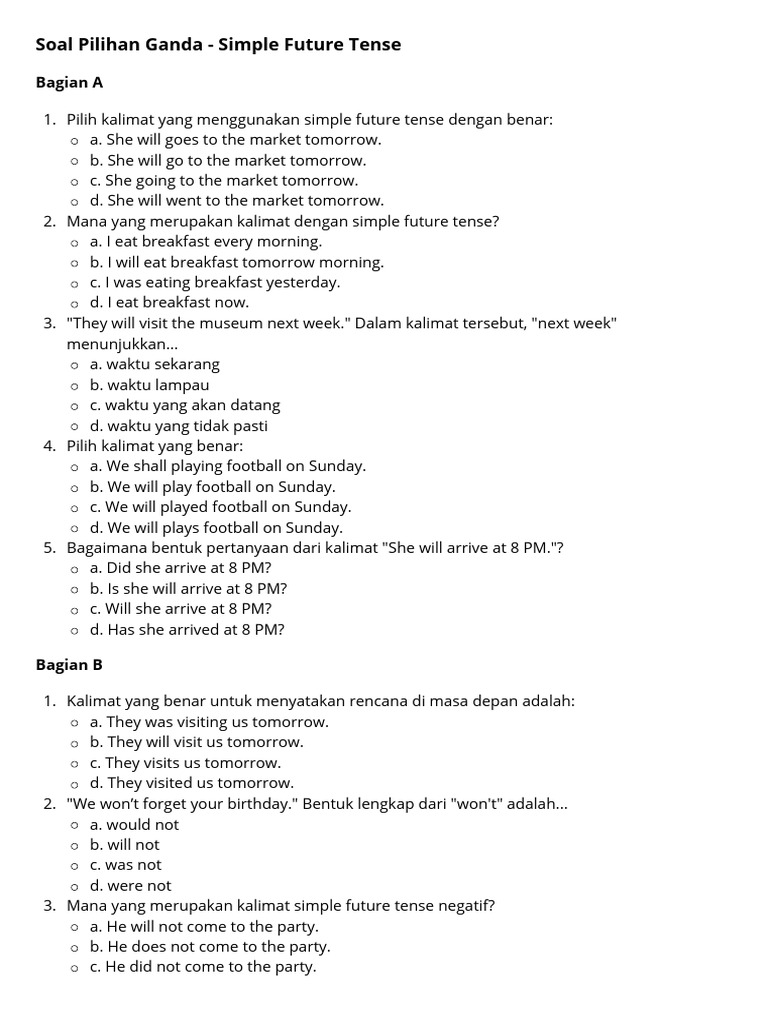 Soal Pilihan Ganda - Simple Future Tense | PDF | Linguistics