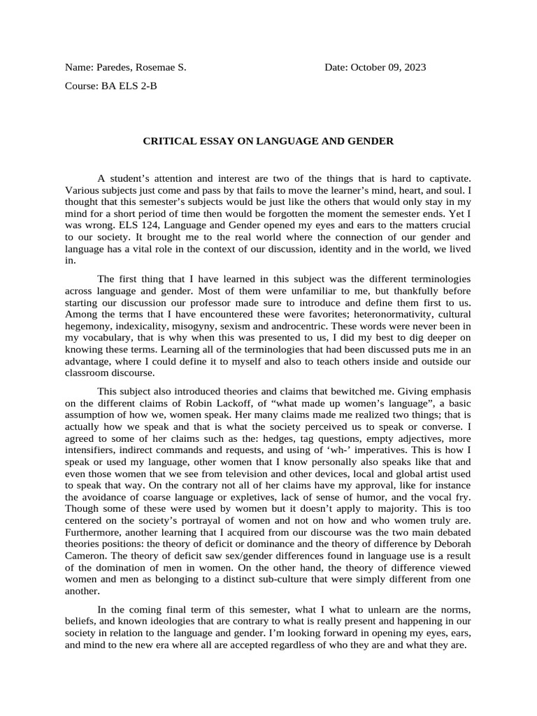 (Critical Essay) Els 124 Ba Els | PDF | Human Communication | Cognitive ...