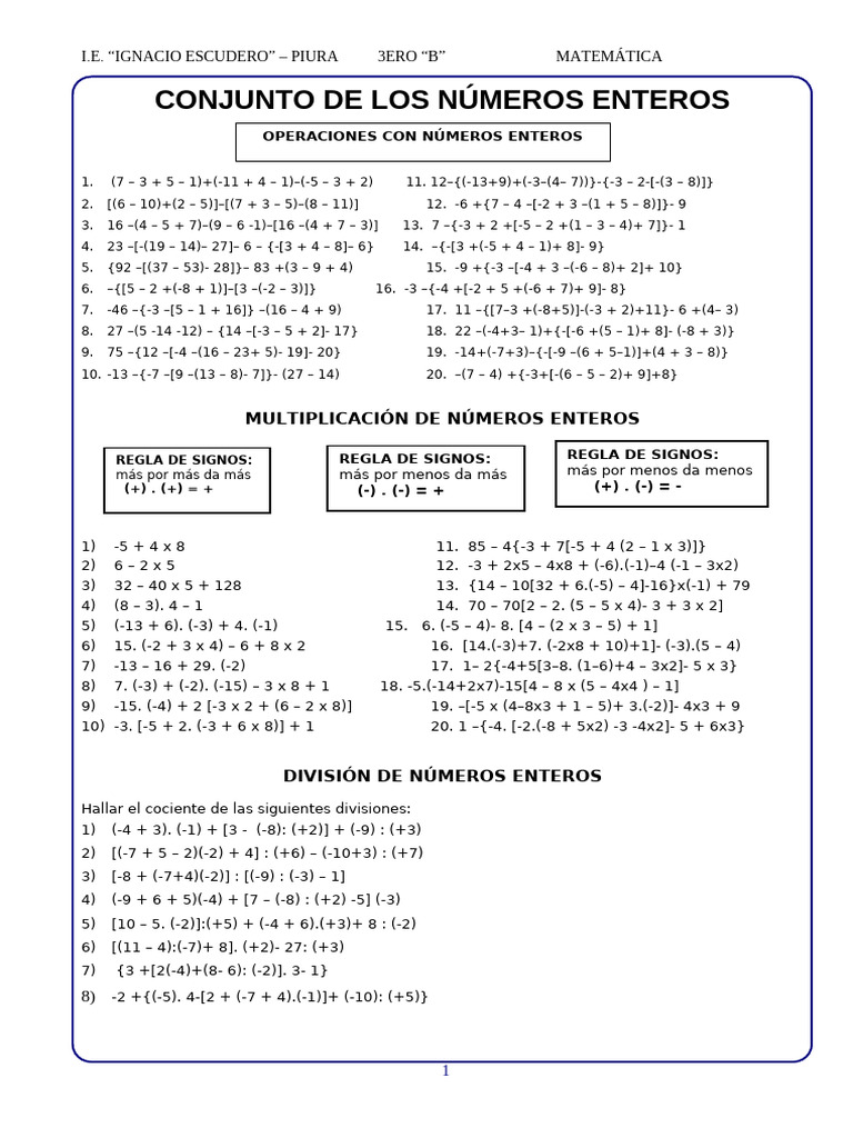 OPERACIONES CON NÚMEROS ENTEROS I. IGNACIO SCUDERO 3ero | PDF