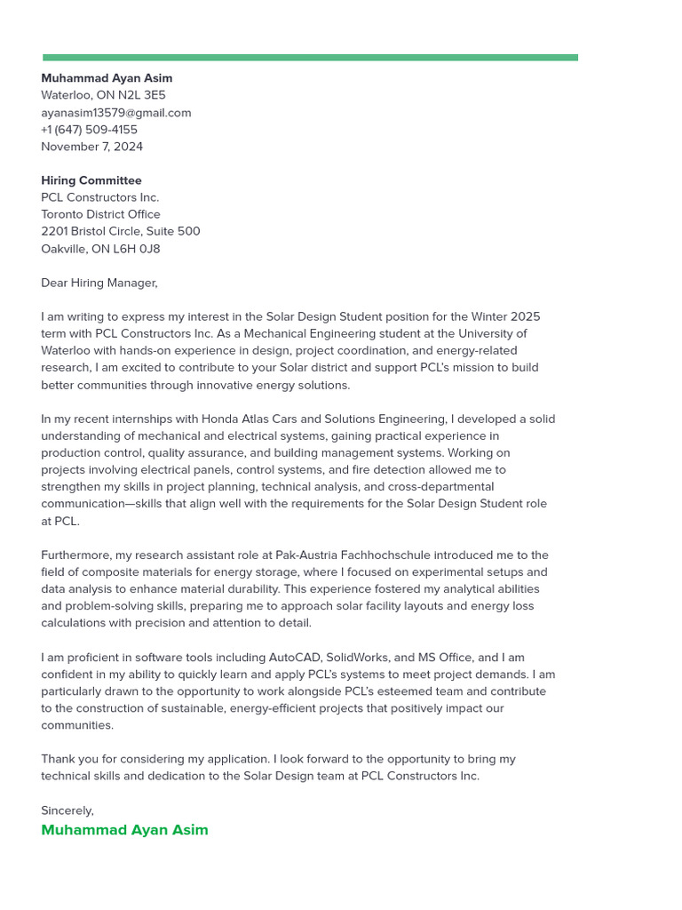 Cover Letter - PCL Construction Solar Design Student | PDF