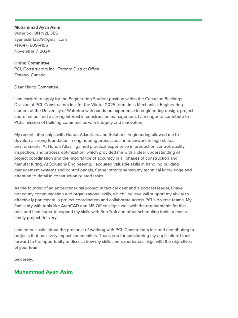 Cover Letter - PCL Construction Engineering Student | PDF