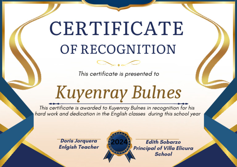Gold and Blue Modern Elegant Certificate of Recognition | PDF