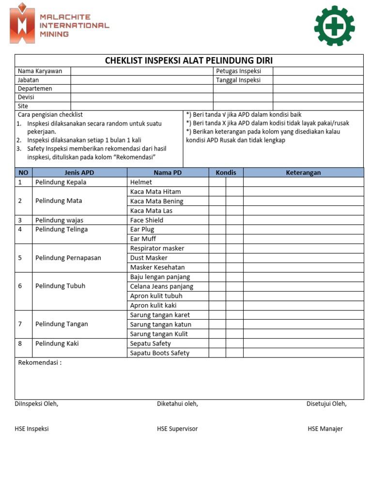 Cheklist Inspeksi Apd | PDF