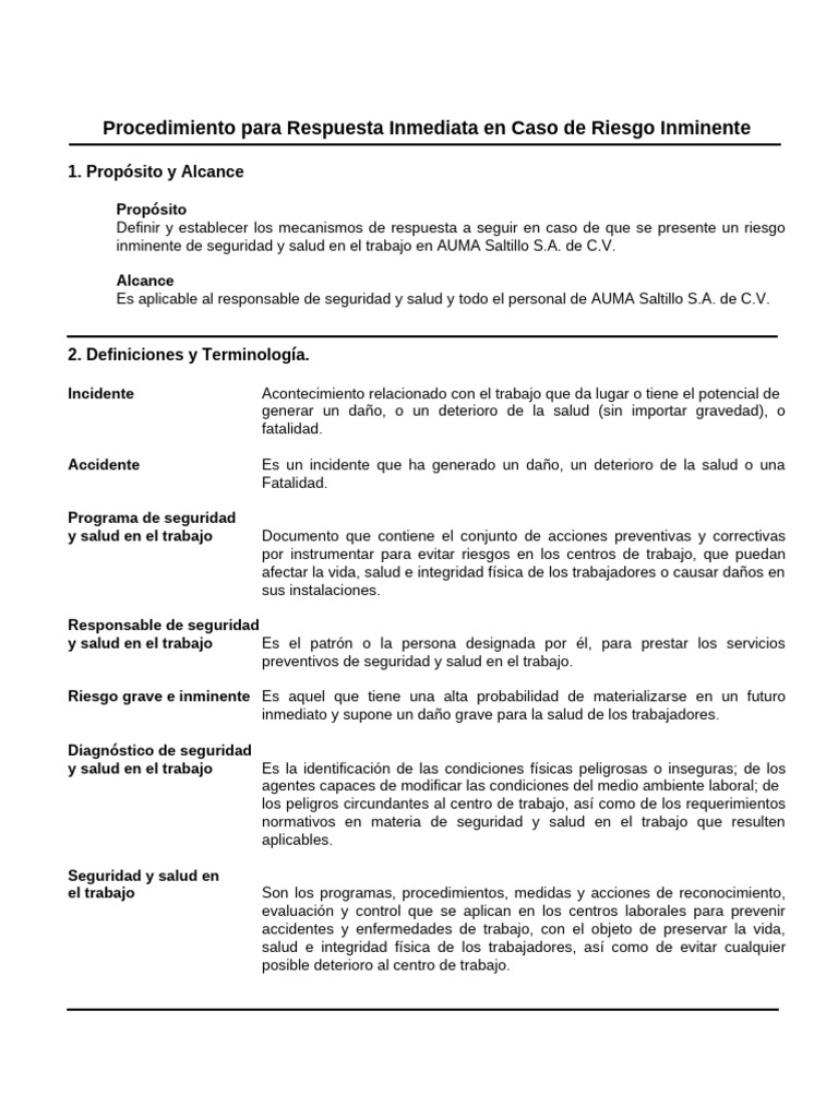 Procedimiento Riesgo Inminente AUMA Saltillo 2024 | PDF | Riesgo | Business