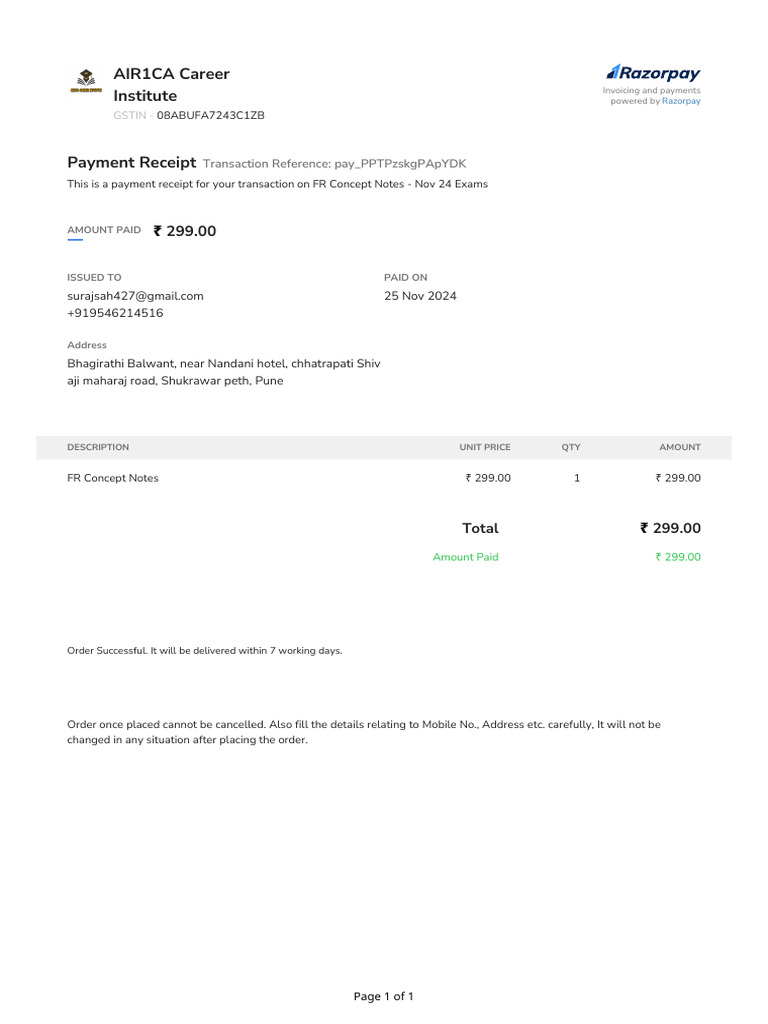 Receipt Pay - PPTPzskgPApYDK From AIR1CA Career Institute (Paid) | PDF