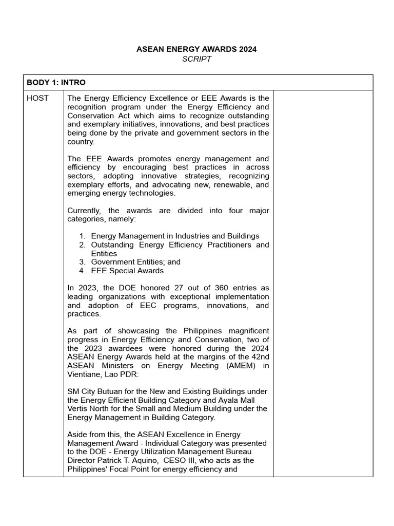 ASEAN Energy Awards 2024 Script - 1 | PDF