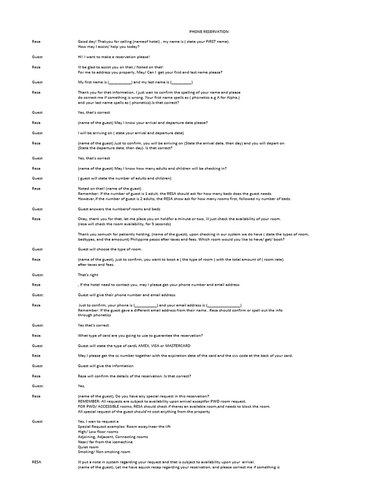 Front Desk Reservation Script | PDF