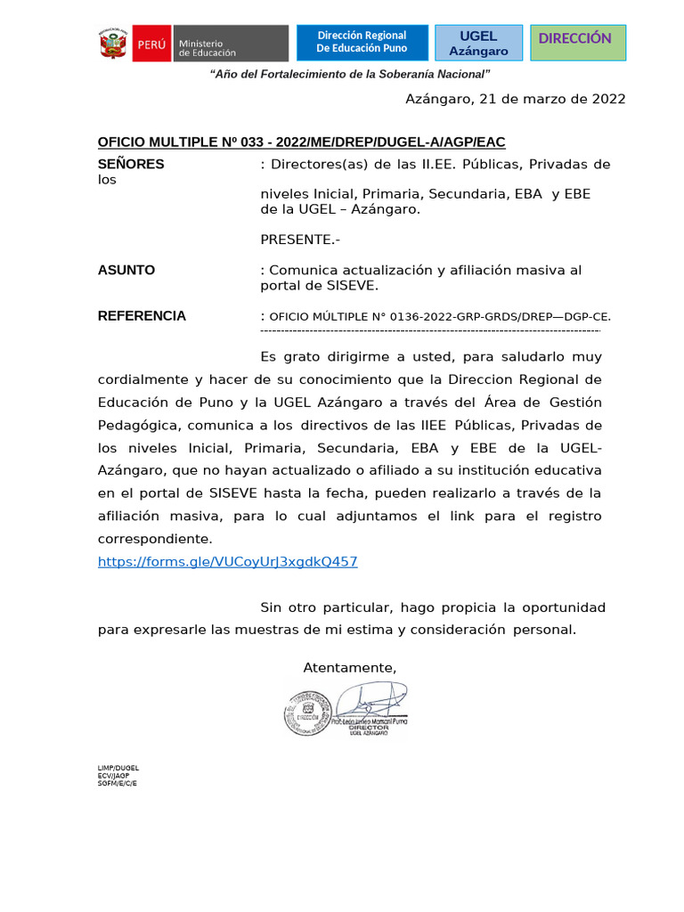 Oficio Mult #033 2022 Afiliacion en Portal de Siseve | PDF