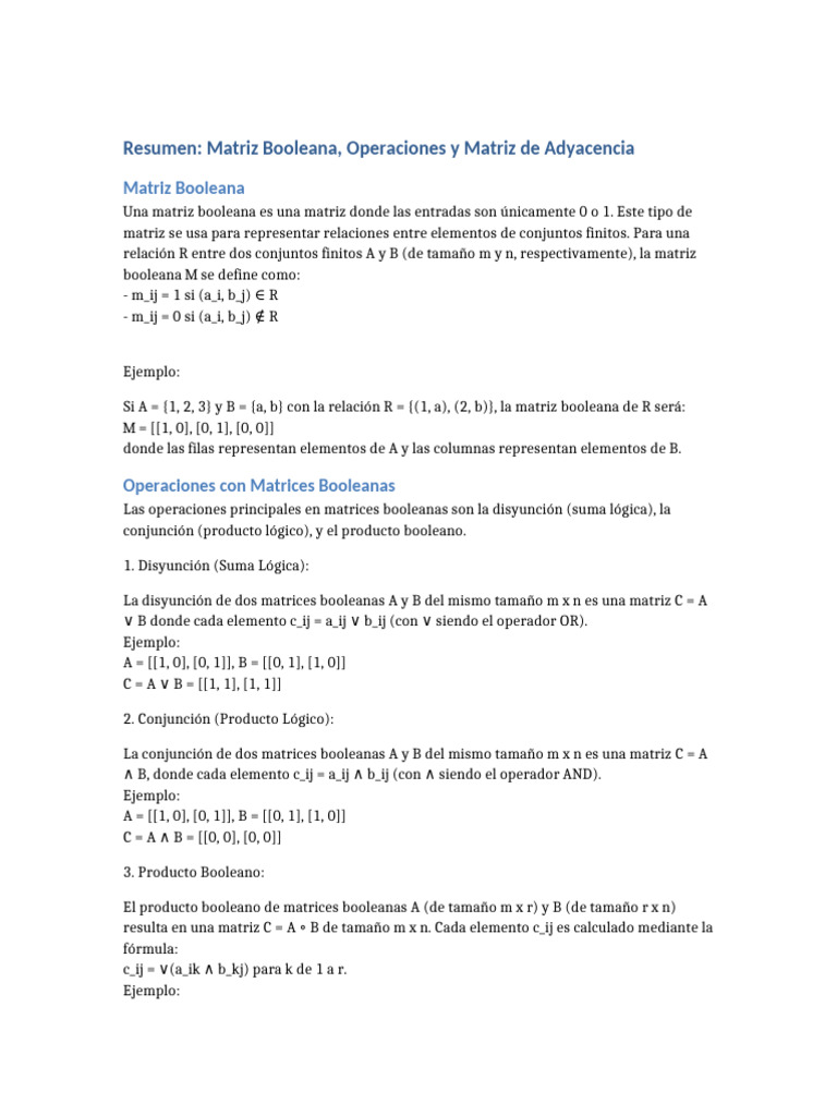 Resumen Matrices Booleanas Adyacencia | PDF