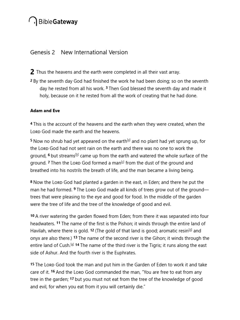 Genesis 2 NIV - Thus The Heavens and The Earth Were | PDF | Garden Of ...