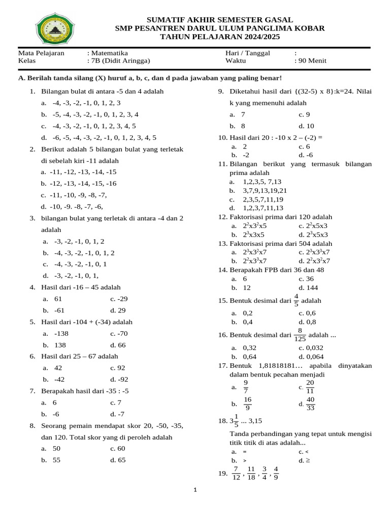 Soal Us MTK Kls 7 Atas | PDF