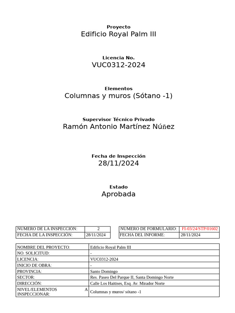 Informe Columnas y Muros Sotano - 1, Edificio Royal Palm III (STP Ramón Martínez) | PDF