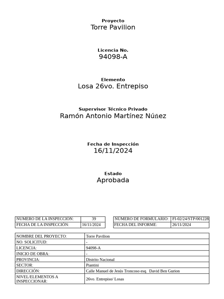 Informe Losa 26avo Entrepiso, Torre Pavilion (STP Ramón Martínez) | PDF