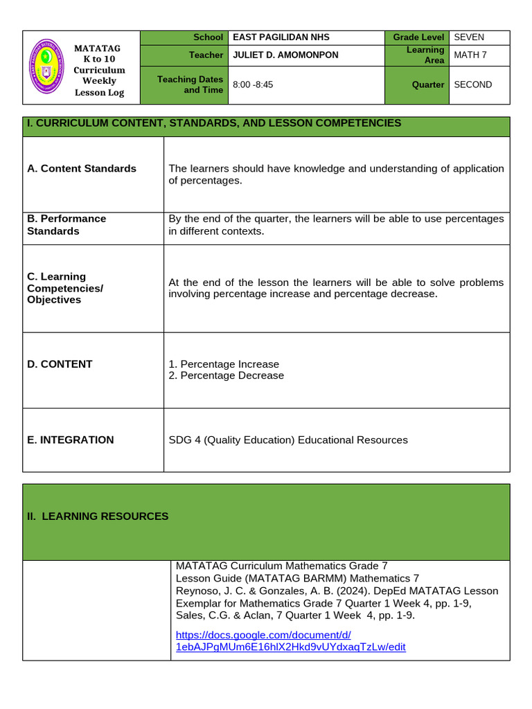 Dll-Math 7 Matatag (1 Day) | PDF | Percentage | Learning