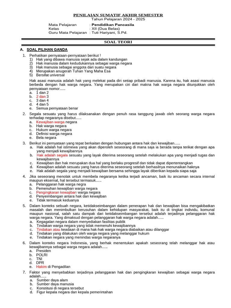 Naskah Soal PP SAS KLS XII 2024 - 2025 | PDF