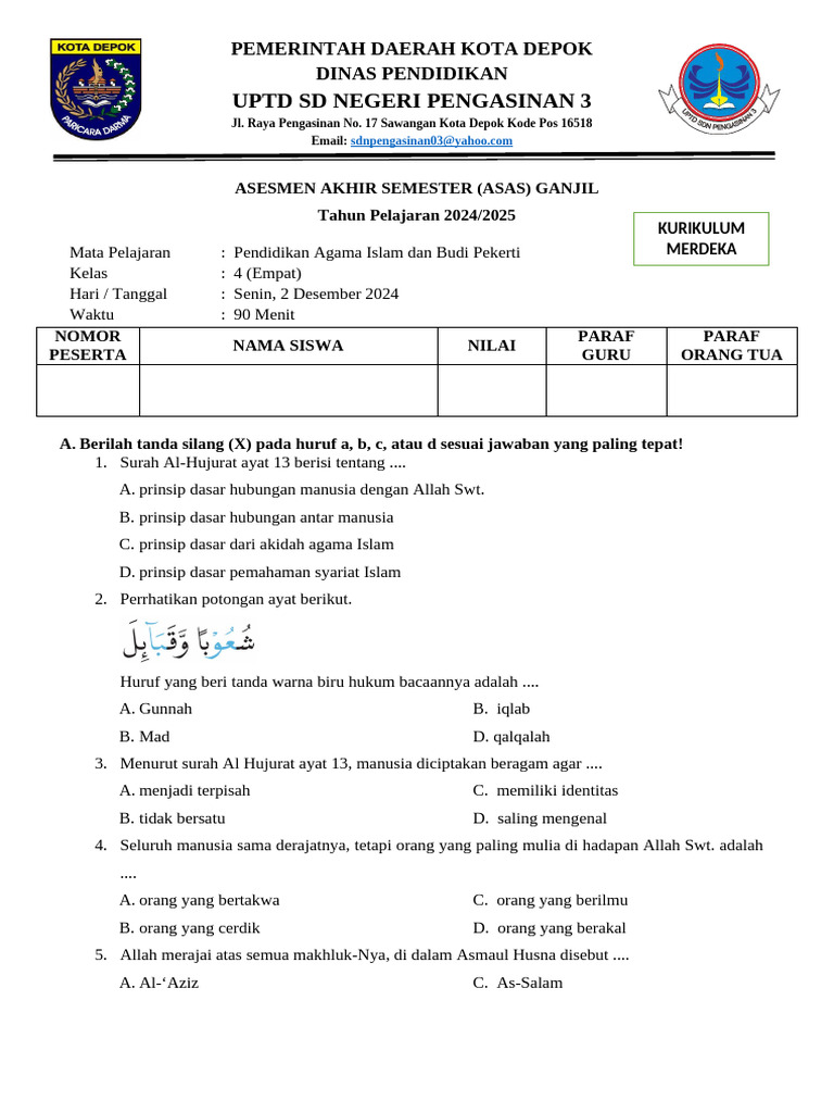 Soal Asas Ganjil PAI Kelas 4 | PDF