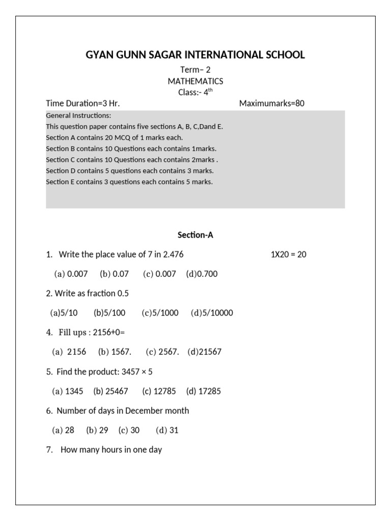 4th Mathematics Set - A | PDF | Rupee | Mathematics