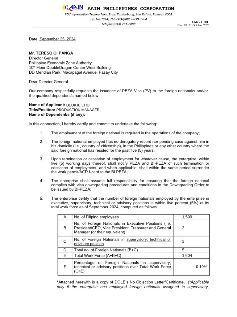 Company Letter Request For Peza Visa | PDF | International Law ...