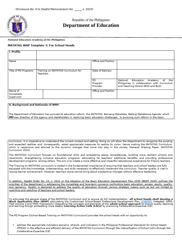 Sample WAP For School Heads | PDF | Pedagogy | Curriculum