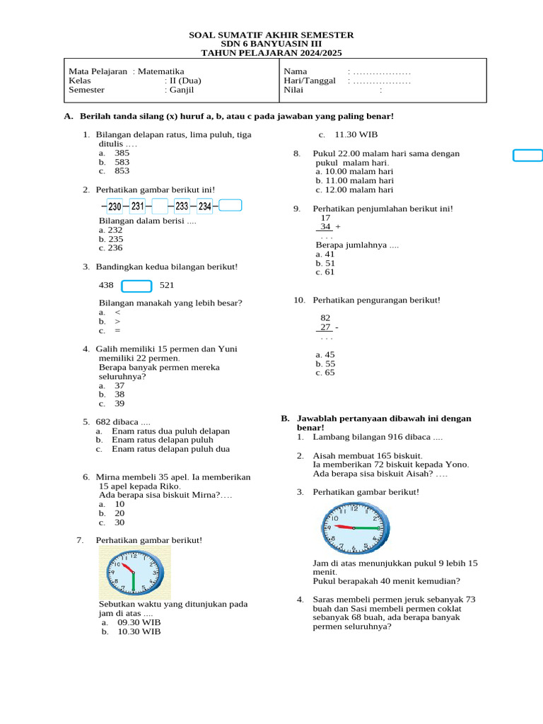 Soal SAS MTK Kelas 2 Semester 1 | PDF