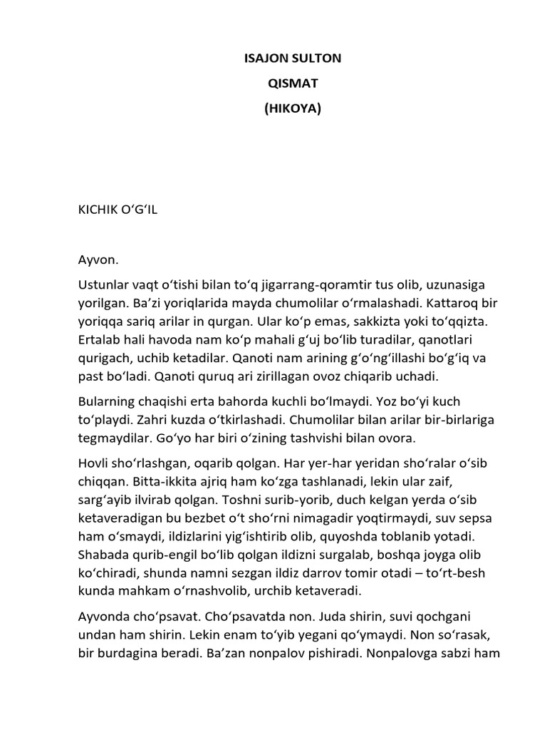 Isajon Sulton. Qismat (Hikoya) | PDF
