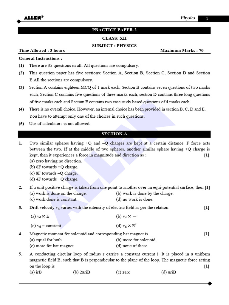 Physics Practice Paper 2 BMS | PDF | Capacitor | Refractive Index