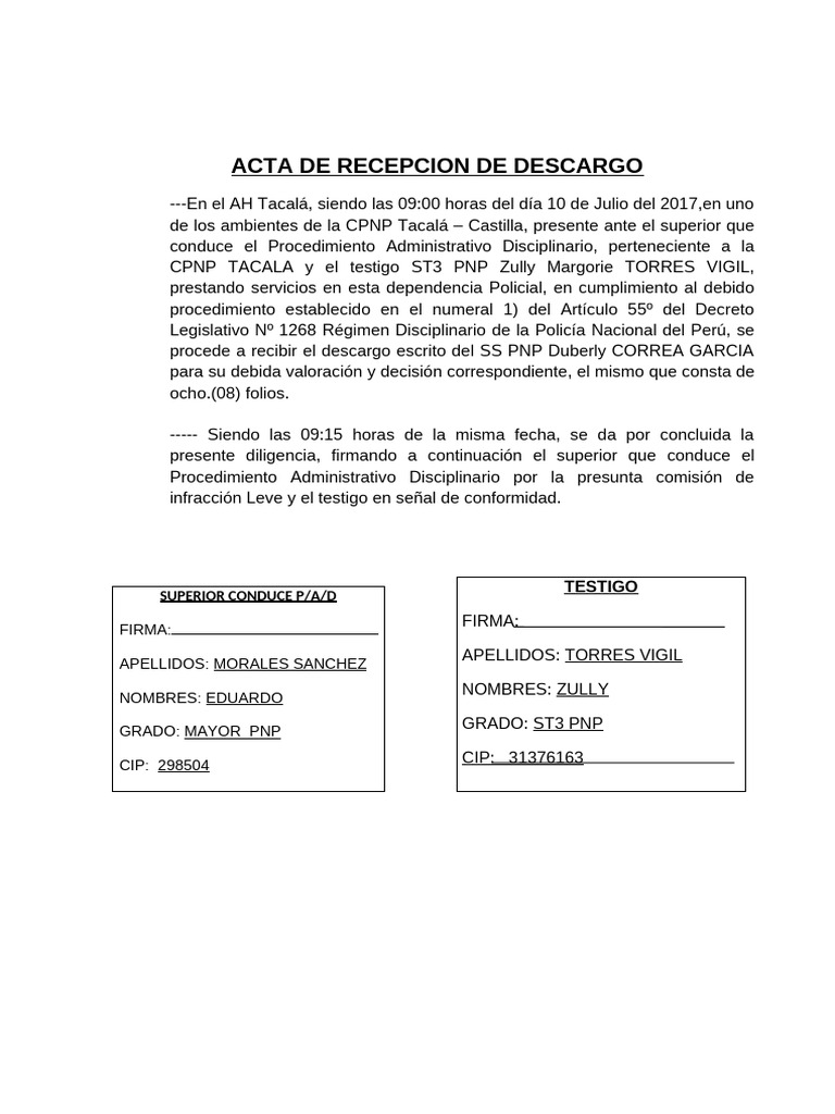 Acta de Recepcion de Descargo | PDF | Derecho penal | Servicios de emergencia
