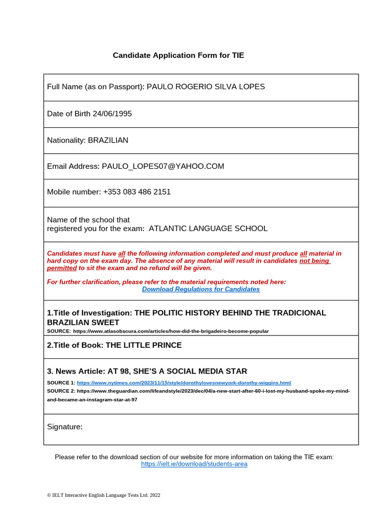 TIE Exam Candidate Application Form | PDF