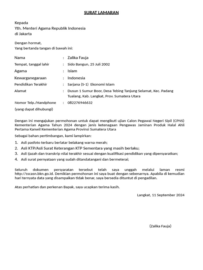 FIX Format Surat Lamaran CPNS Kemenag 2024 | PDF