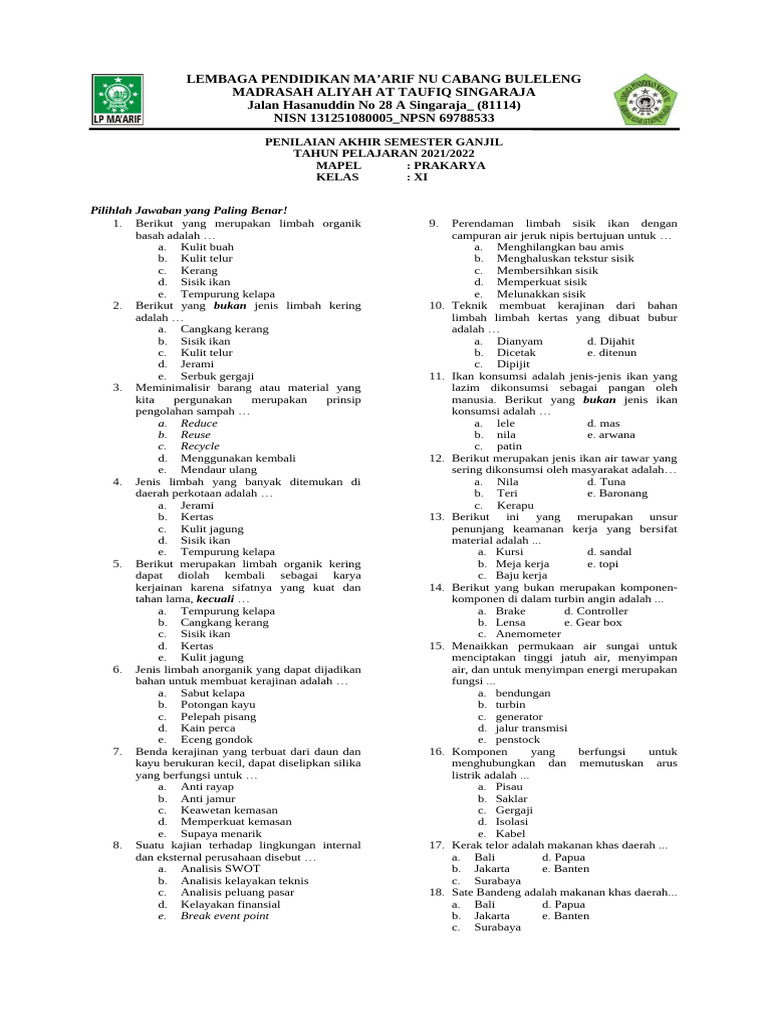 Pas Xi Prakarya Ganjil 2021 | PDF