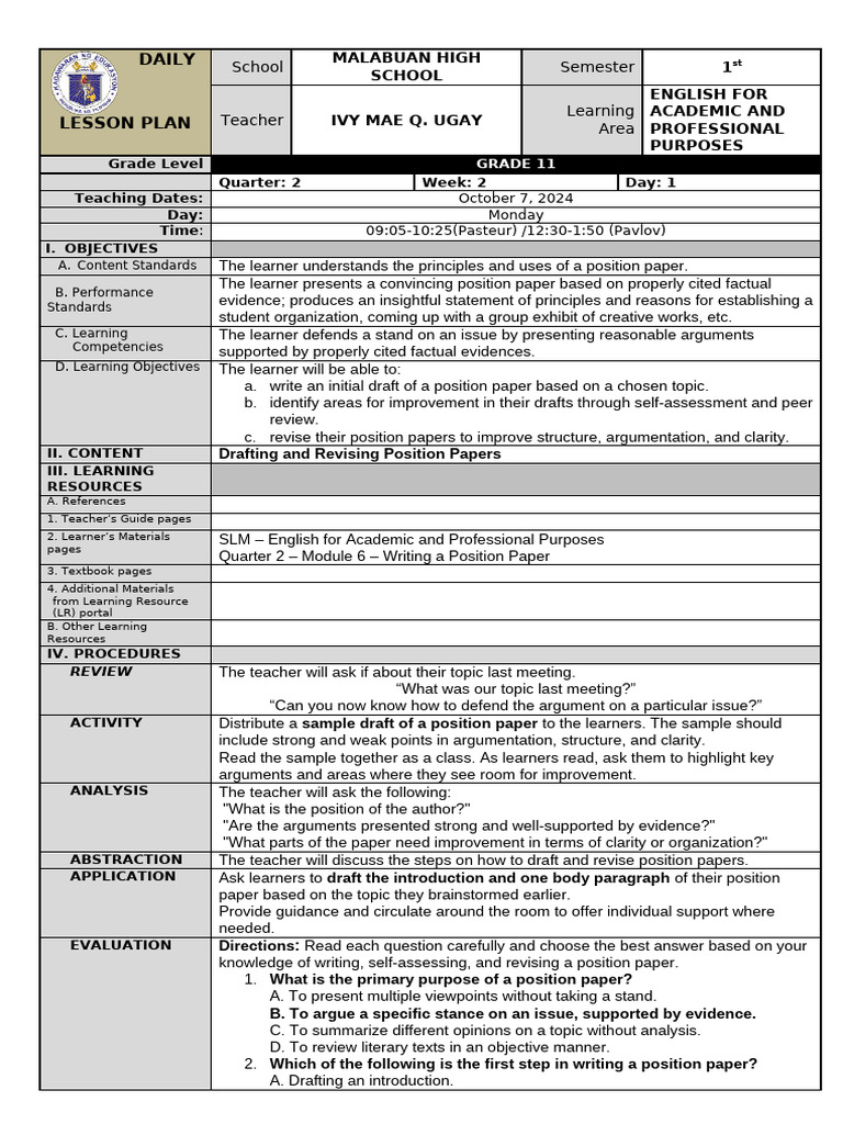 DLP - October 7, 2024 - Drafting and Revising A Position Paper | PDF | Learning | Argument