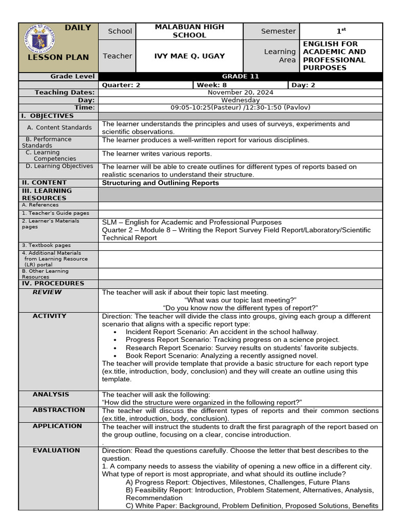 DLP - November 20, 2024 - Structuring and Outlining Reports | PDF | Feasibility Study | Learning