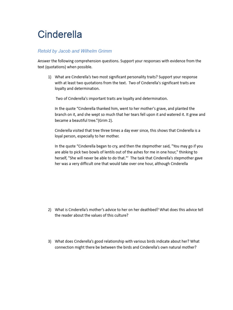 Cinderella Comprehension Questions | PDF