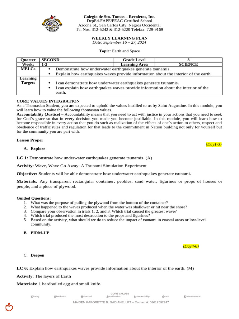Weekly Learning Plan 1-2 | PDF | Earthquakes | Tsunami