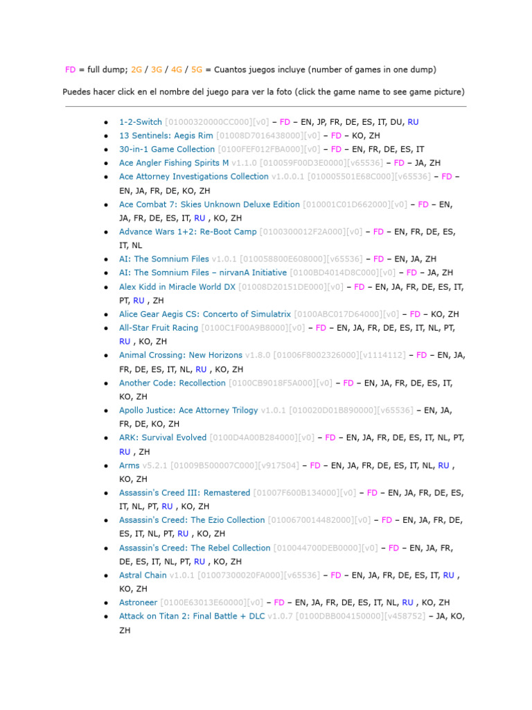 R5 Switch Lista de Juegos | PDF