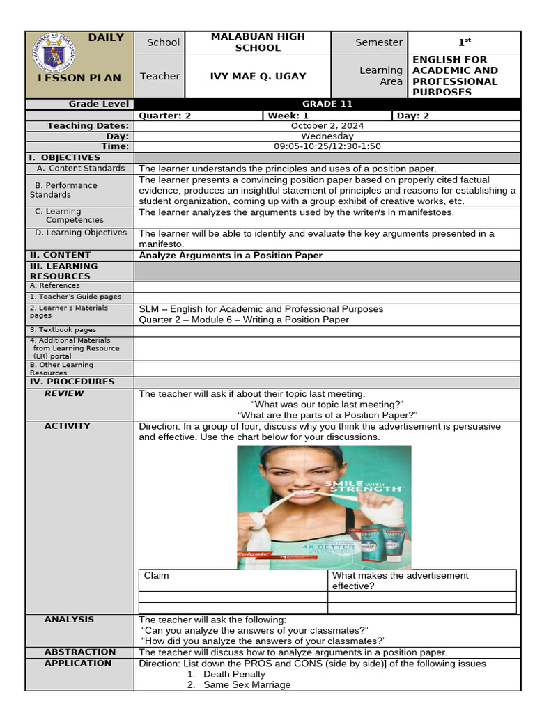 Grade 11 Position Paper Lesson Plan | PDF | Learning | Argument