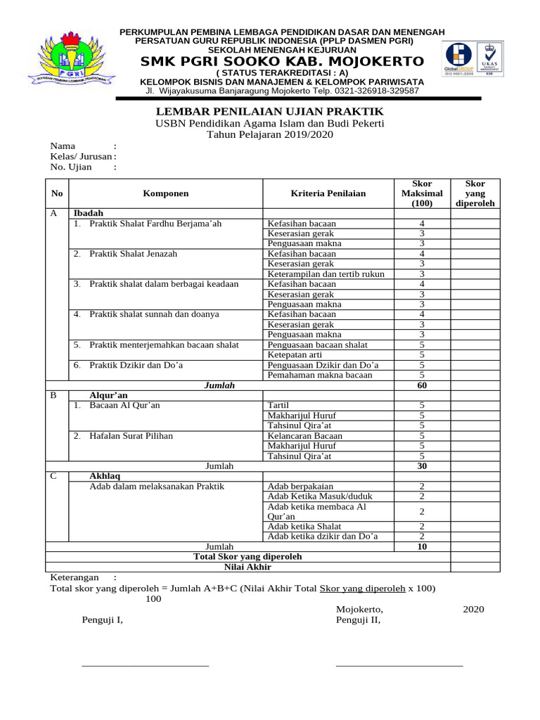 Lembar Penilaian Ujian Praktik | PDF