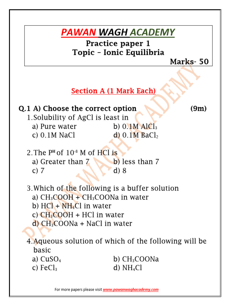 0ionic Equilibria Class 12th Practice Paper | PDF | Acid | Ph