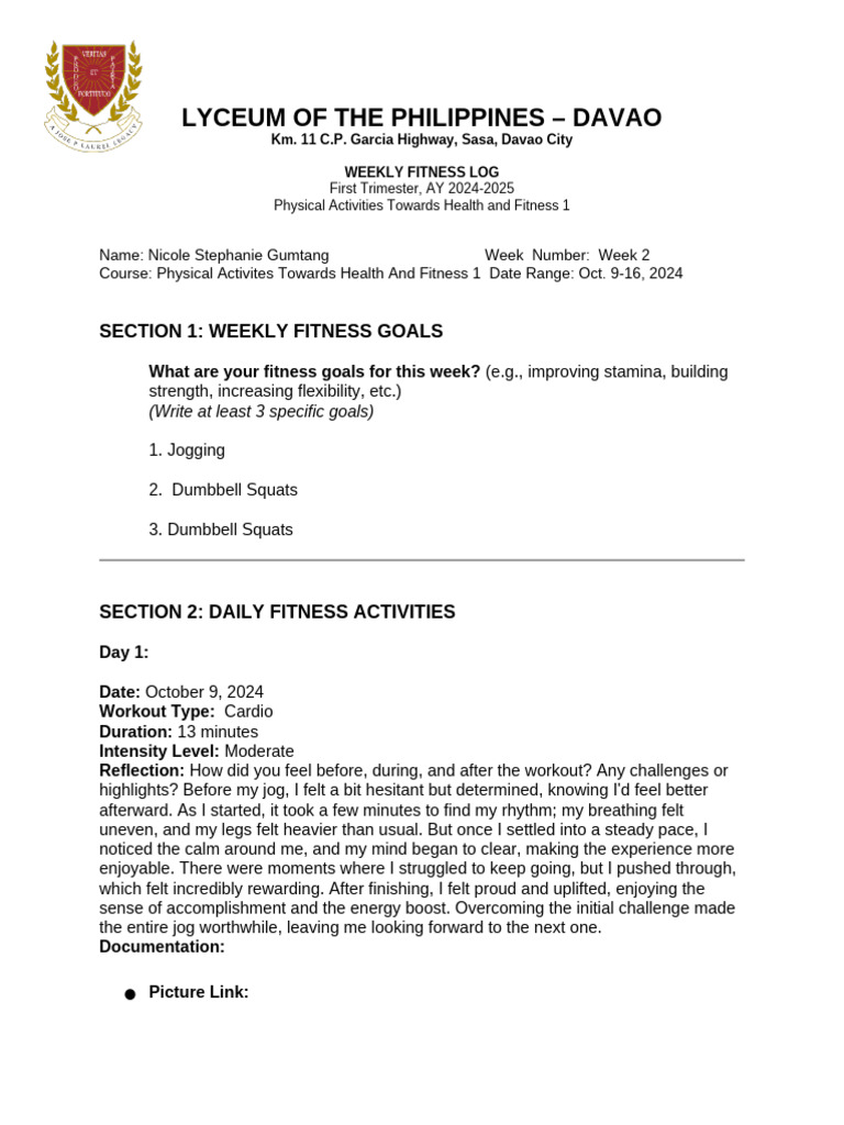 Gumtang Weeklyfitnesslog Week2 | PDF | Physical Fitness | Strength Training