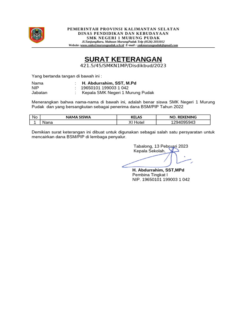 SURAT KETERANGAN KEPSEK - Tahap 29 - 2021 | PDF